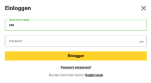 Zet Casino Login, Seite mit Anmeldung und Registrierungsprozess